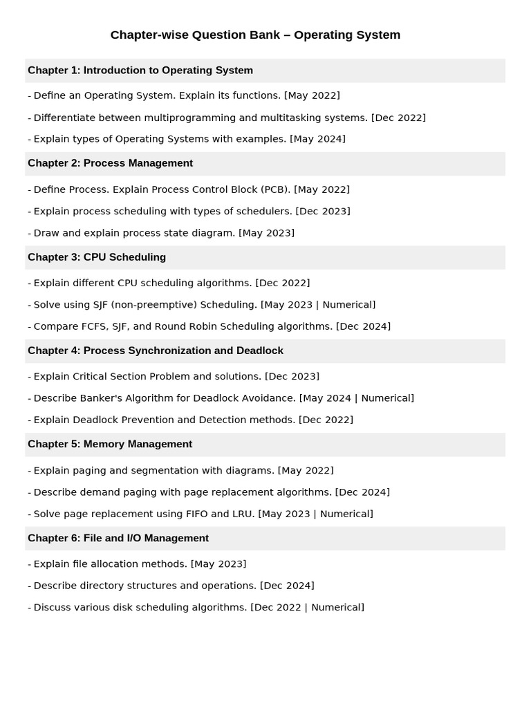 Chapterwise Question Bank OS With Numericals | PDF