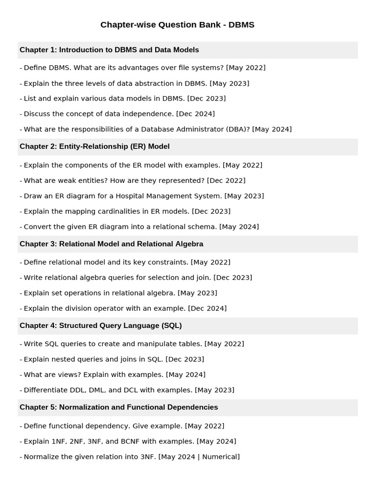 Chapterwise Question Bank DBMS With Numericals | PDF | Relational Model | Sql