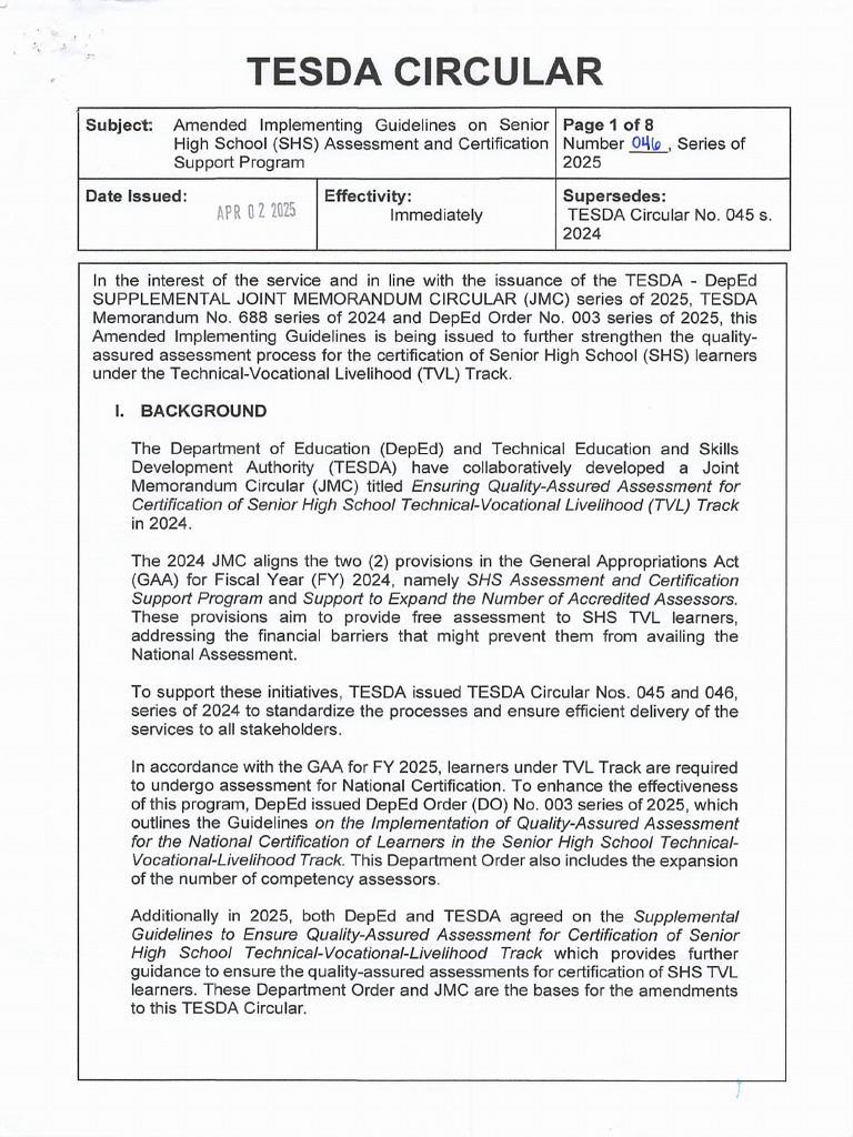 TESDA Circular No. 046-2025 | PDF