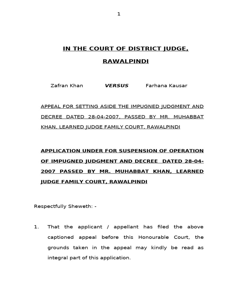 Application For Suspension of Operation of Impugned Judgment and Decre ...