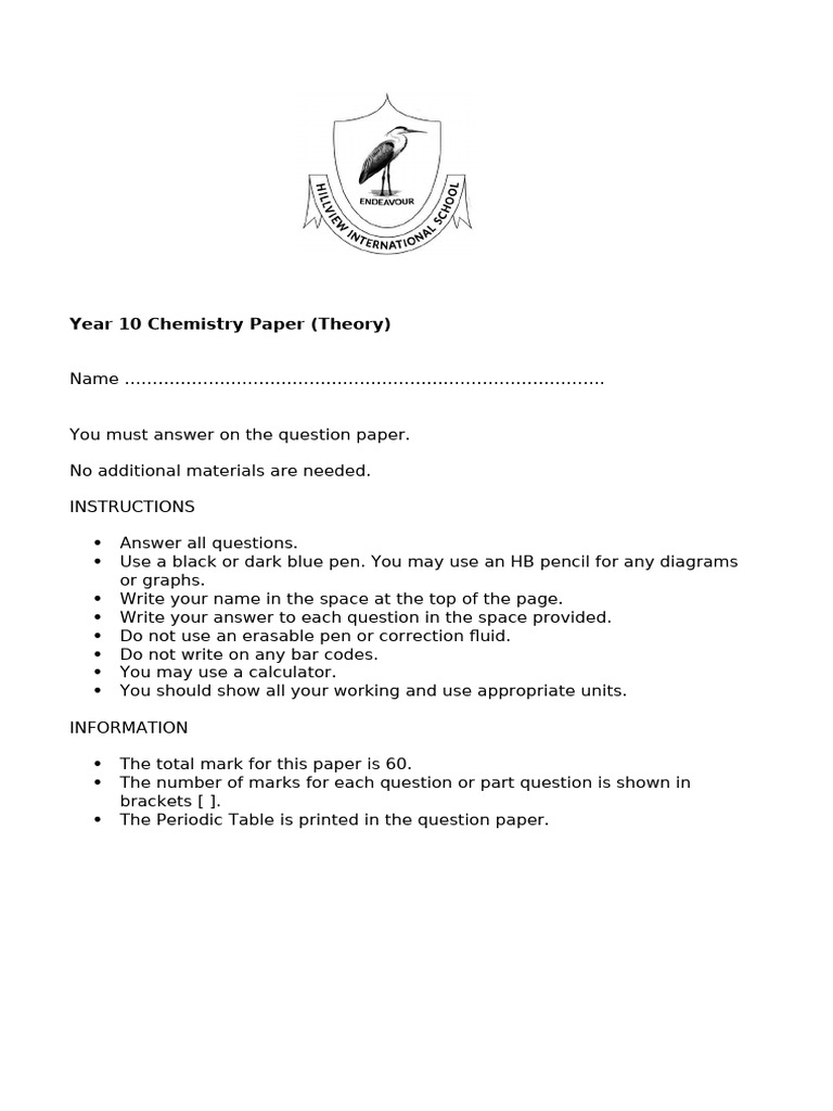 Year 10 Chemistry Paper - Theory | PDF | Alkene | Ion