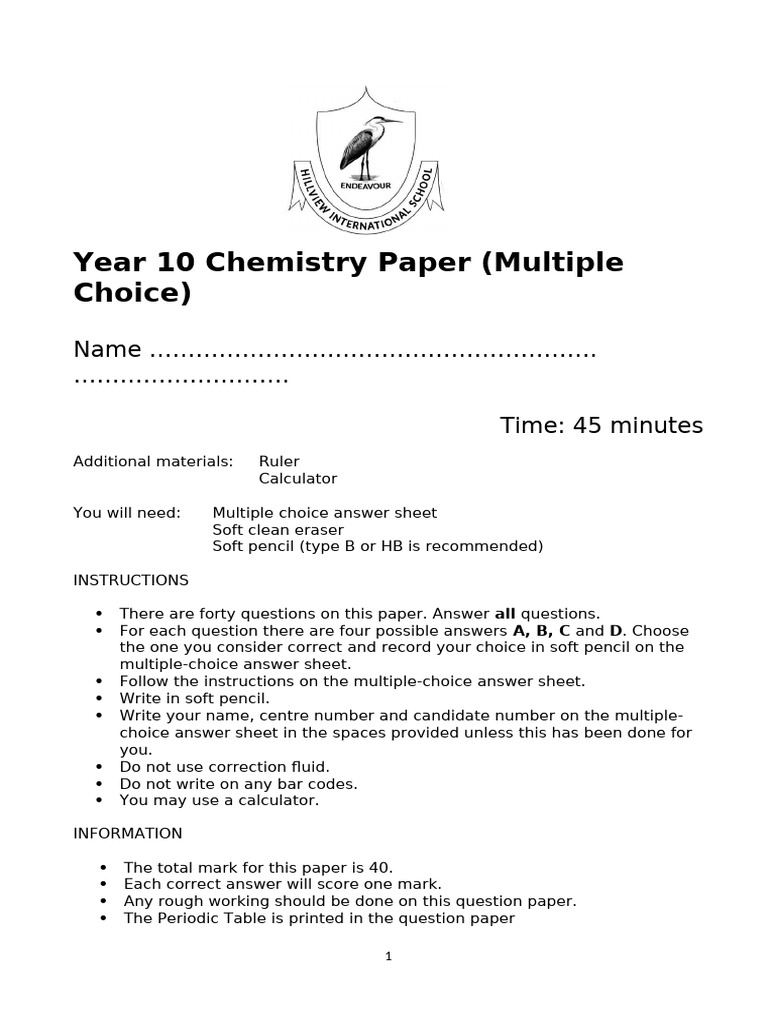 Year 10 Chemistry Test Paper PDF | PDF | Sodium | Chloride
