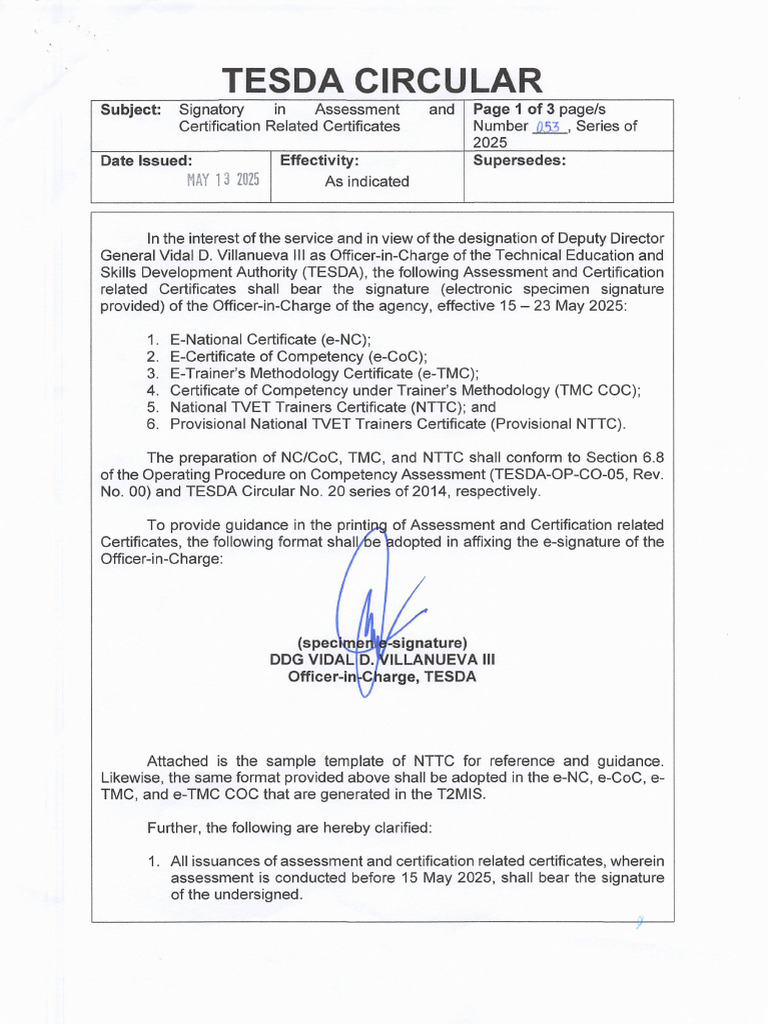 TESDA Circular on Certification Signatures | PDF | Career And Technical ...