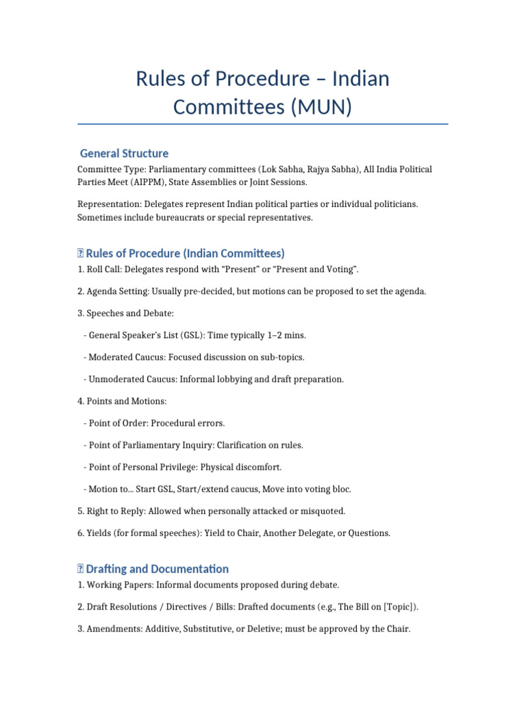 Indian Committees Rules of Procedure MUN | PDF