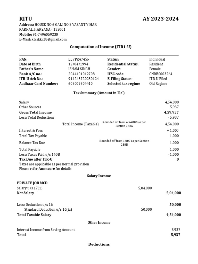 Computation For The Ay 2023-2024 Ritu | PDF | Tax Deduction | Taxes
