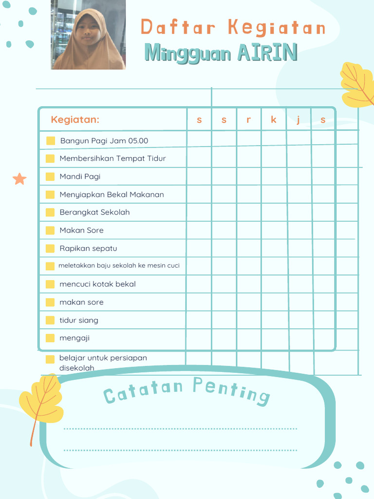 Biru dan Kuning Kreatif Tentang Daftar Kegiatan Mingguan Checklist | PDF