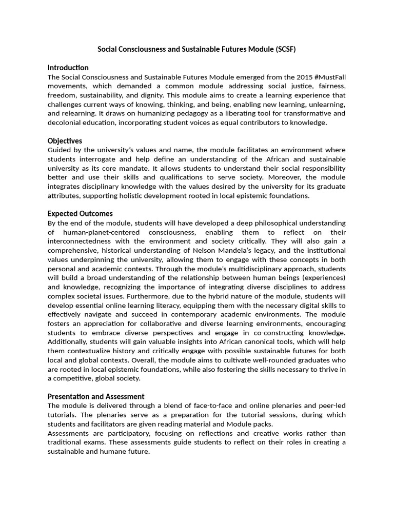 Social Consciousness & Sustainable Futures Module | PDF ...