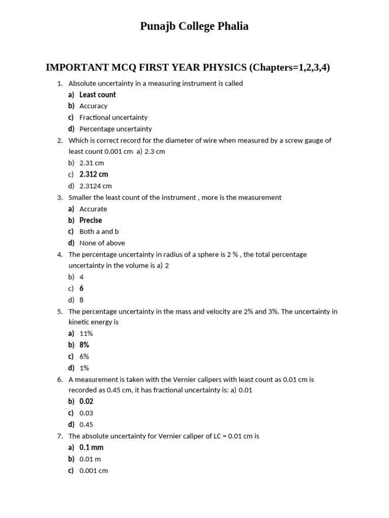 First Year Physics MCQs - Punjab College | PDF | Force | Acceleration