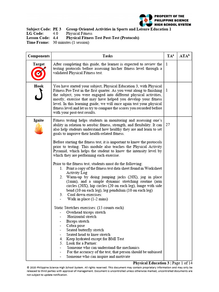 SLG 4.4 Physical Fitness Test Post-Test (Protocols) | PDF | Body Mass ...