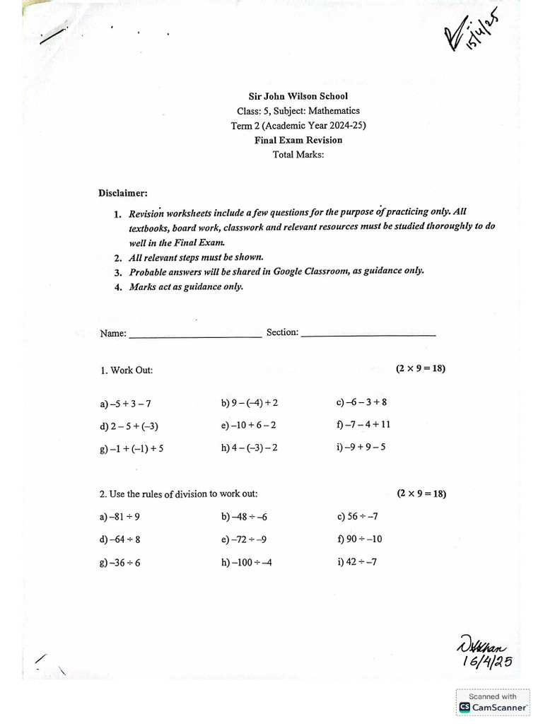 Class 5 - Math - Final Exam Revision Wor | PDF