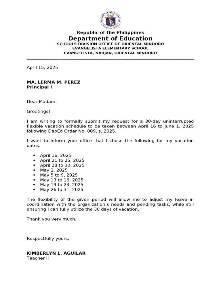 Request For A 30 Day Uninterrupted Flexible Vacation Schedule | PDF