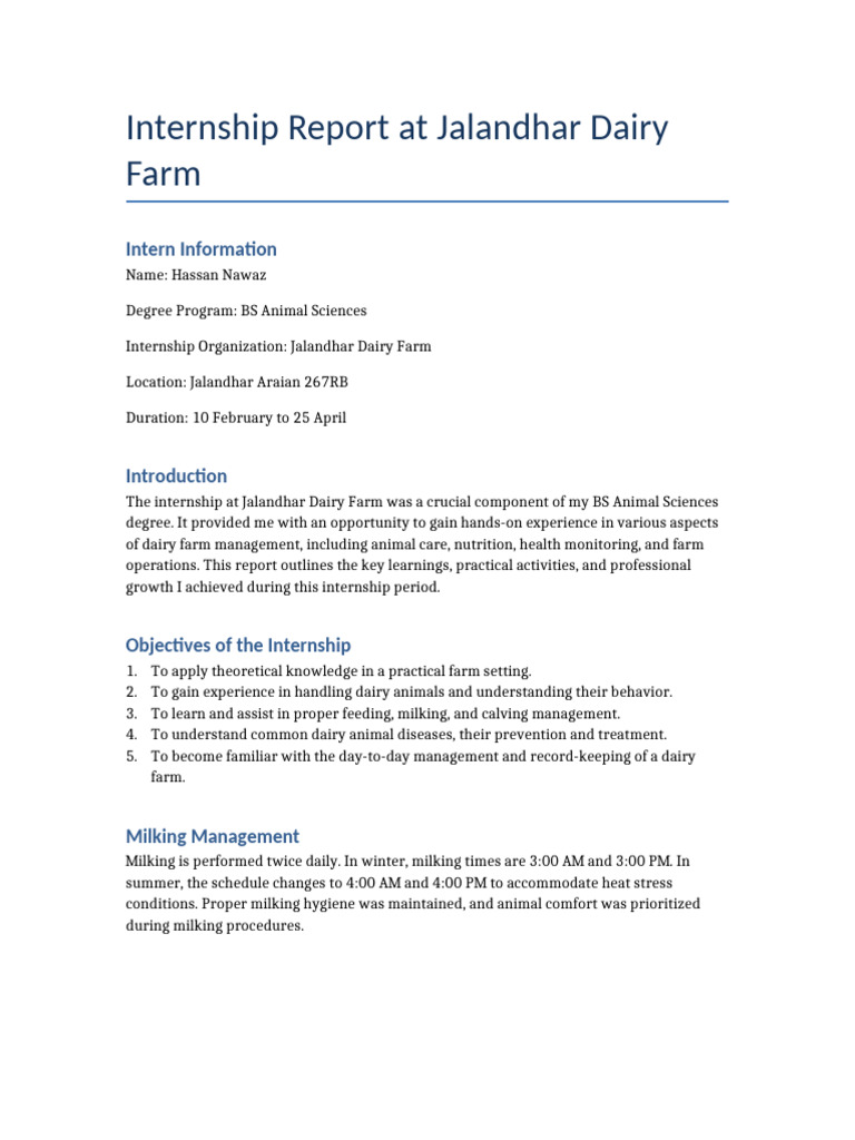 Extended Internship Report Jalandhar Dairy | PDF | Dairy Cattle | Dairy ...