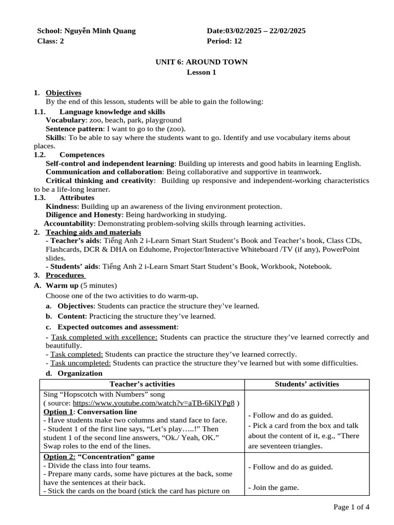 Lesson Plan: Unit 6 - Around Town | PDF | Learning | Cognition