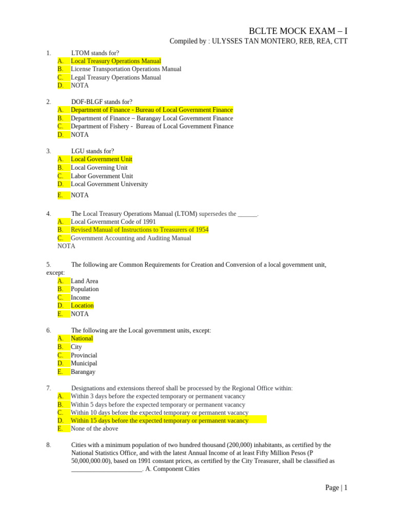 BLCTE MOCK EXAM I Highlighted | PDF | Property Tax | Taxes