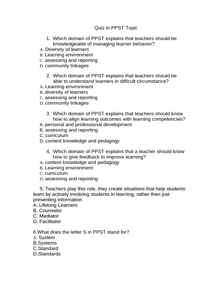 Quiz in PPST Without Answer Key - 2298774894 | PDF | Teachers | Learning