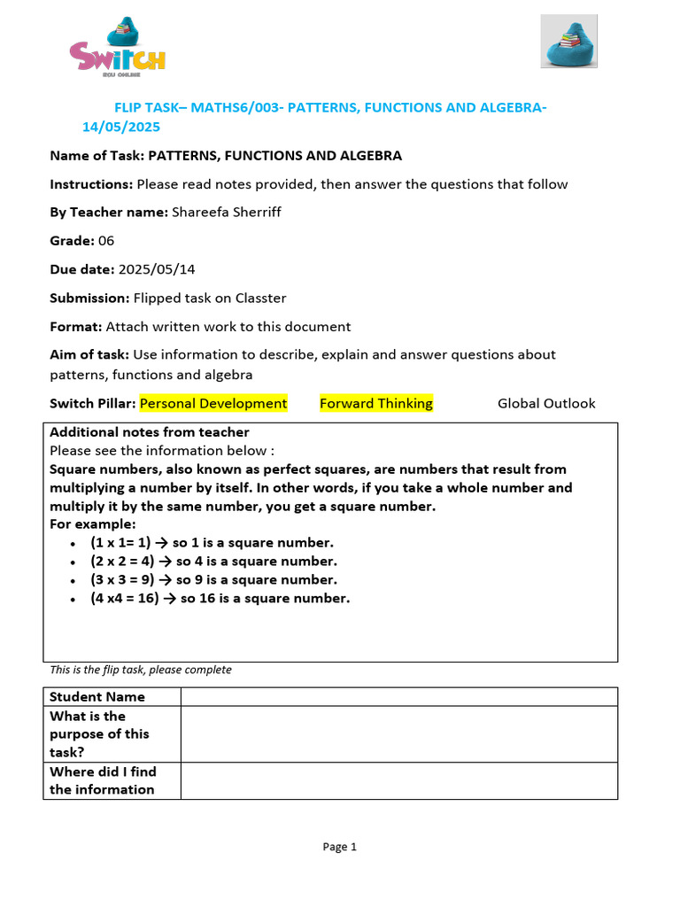 Maths GR6 T2 FT3 - Patterns - J Functions and Algebra | PDF