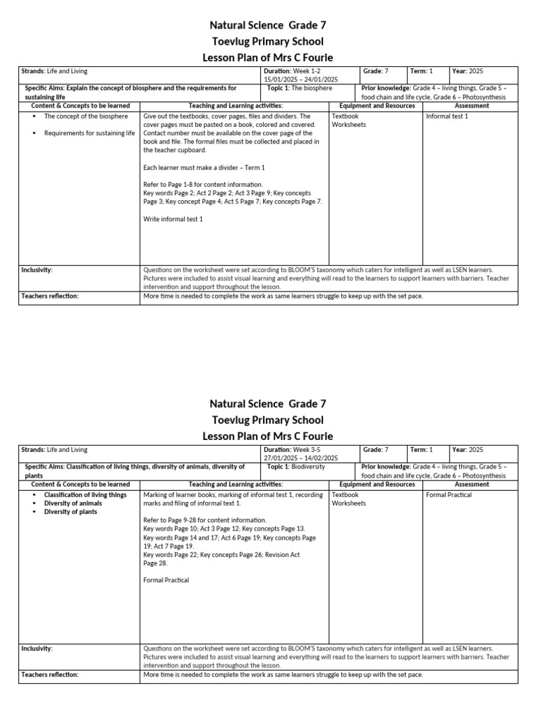 NS Gr7 Lesson Plans 2025 Term 1 | PDF | Lesson Plan | Learning
