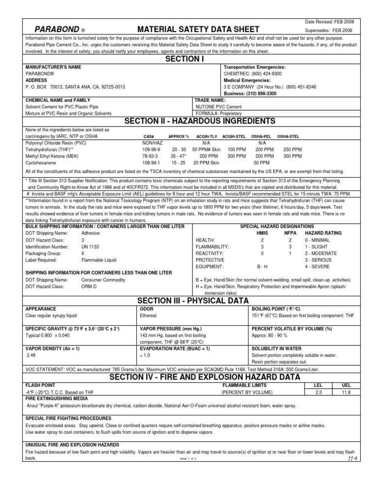 Parabond PVC Cement Safety Data Sheet | PDF | Polyvinyl Chloride ...