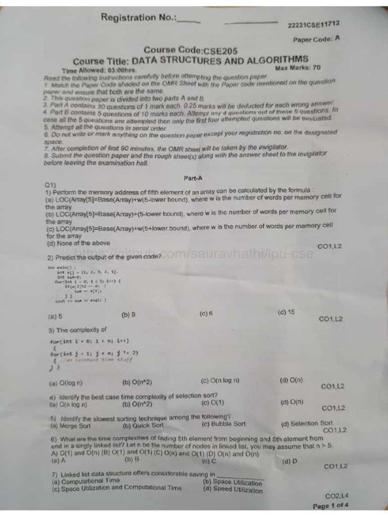 CSE205 End Term Question Paper | PDF | Algorithms | Computer Programming