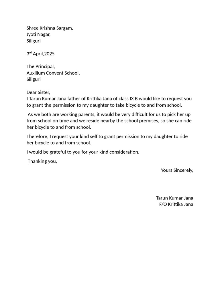 Request for Bicycle Permission for Student | PDF