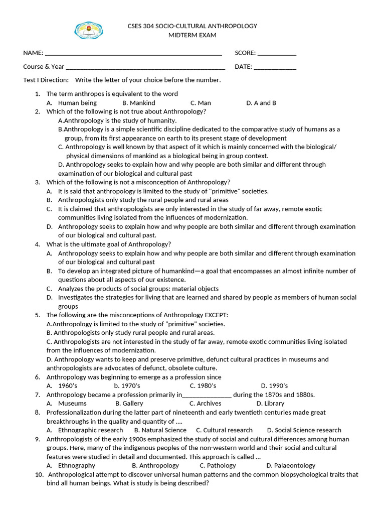 Midterm Exam CSES SOCIOCULTURAL ANTHROPOLOGY | PDF | Anthropology | Marxism