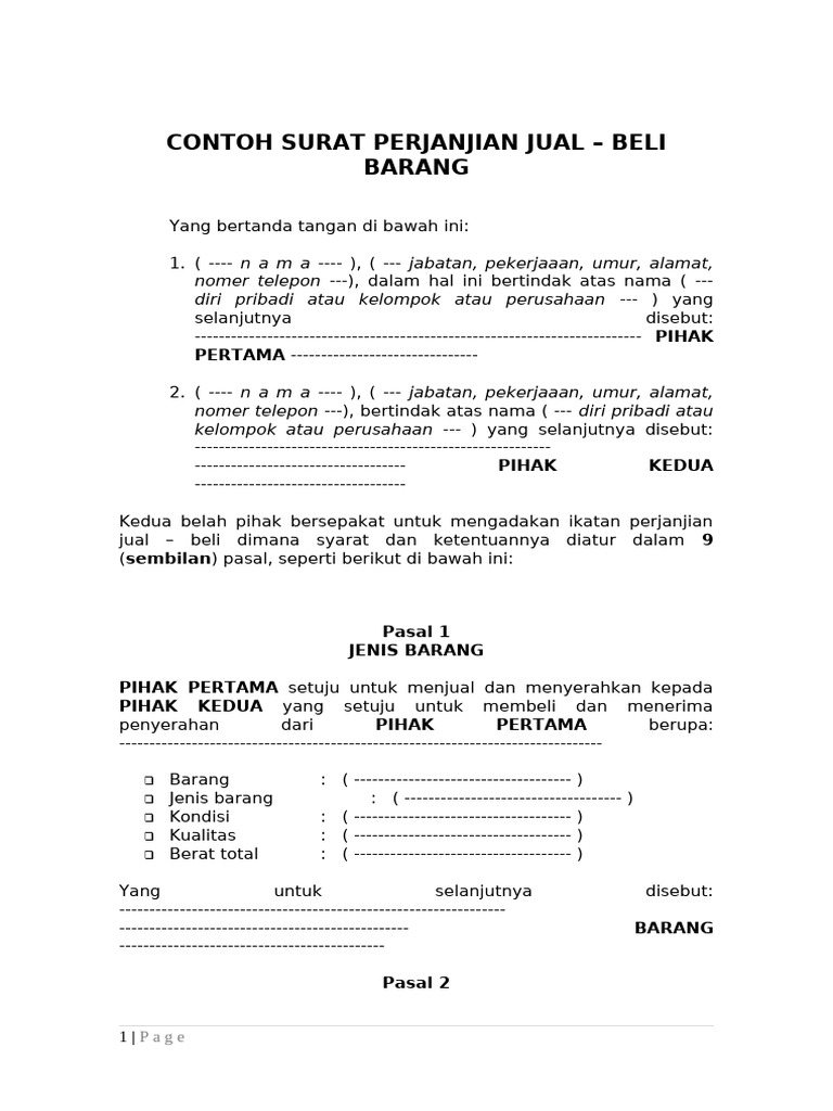 Contoh Surat Perjanjian Pengikat Jual Beli Barang CP10 | PDF