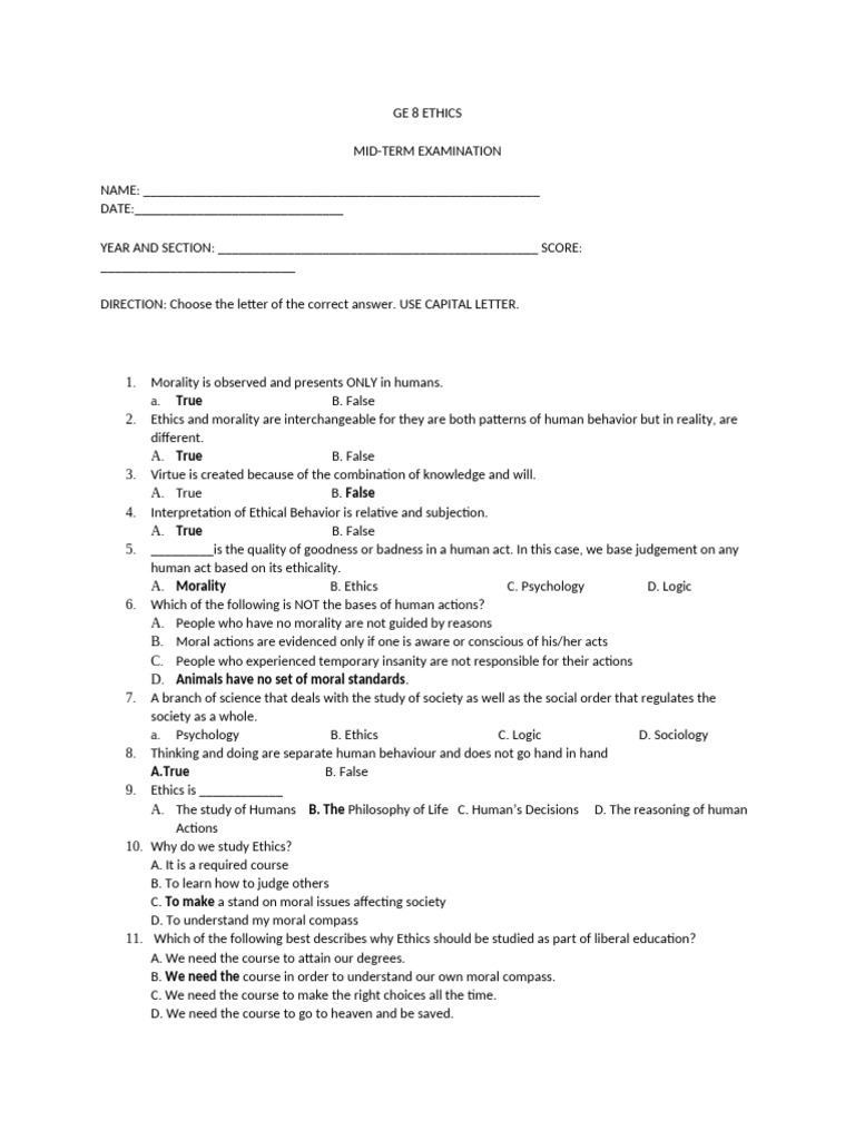 GE 8 ETHICS Midterm EXAM 2024-2025 | PDF | Morality | Natural Law