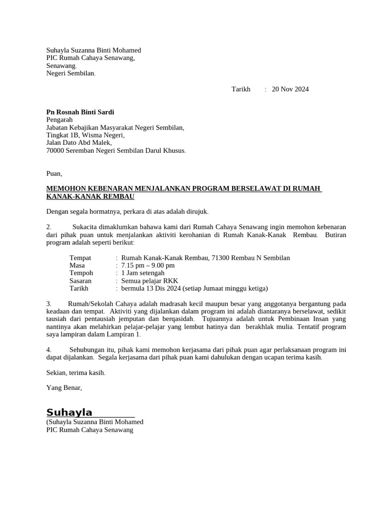 Surat Permohonan Program Sekolah Cahaya RKK (1) | PDF