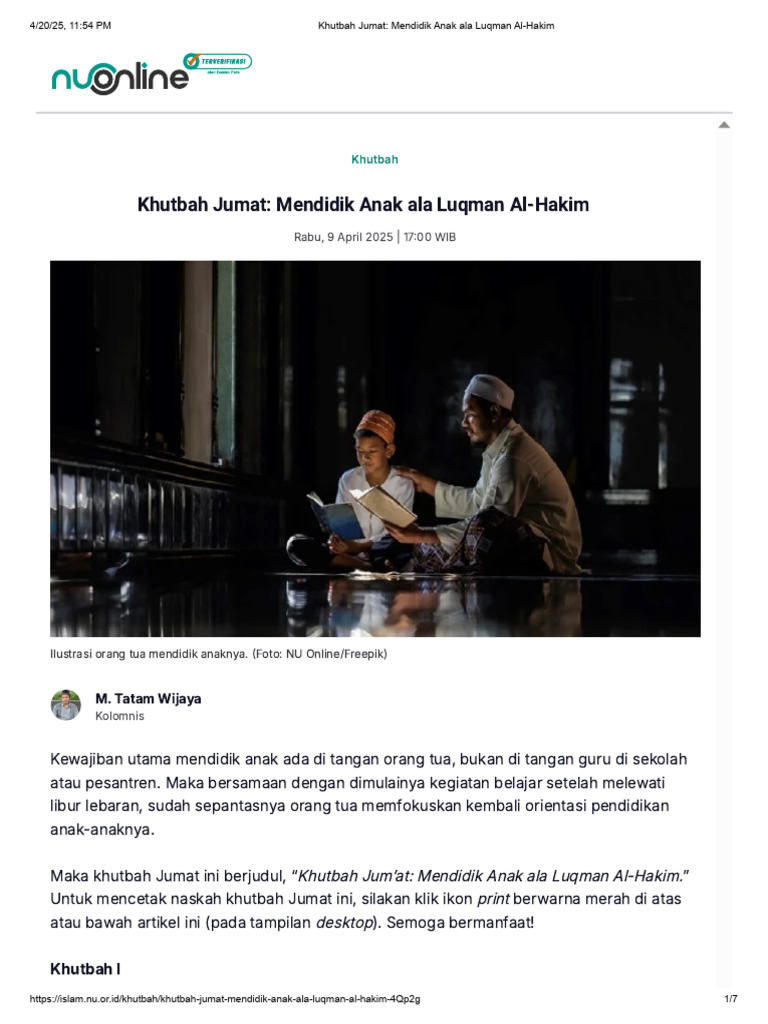 Khutbah Jumat - Mendidik Anak Ala Luqman Al-Hakim | PDF