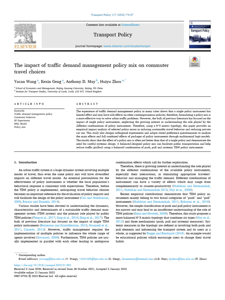The Impact of Traffic Demand Management Policy Mix On Commuter Choice ...