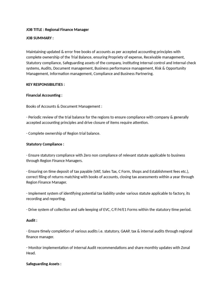 Regional Finance Manager Job Description | PDF | Audit | Internal Control