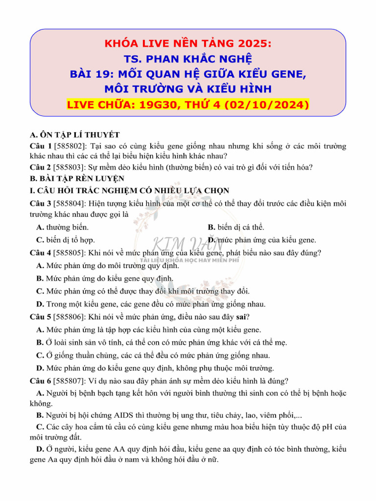 (Bai Tap) Bai 19 - Moi Quan He Giua Kieu Gene, Moi Truong, Kieu Hinh | PDF