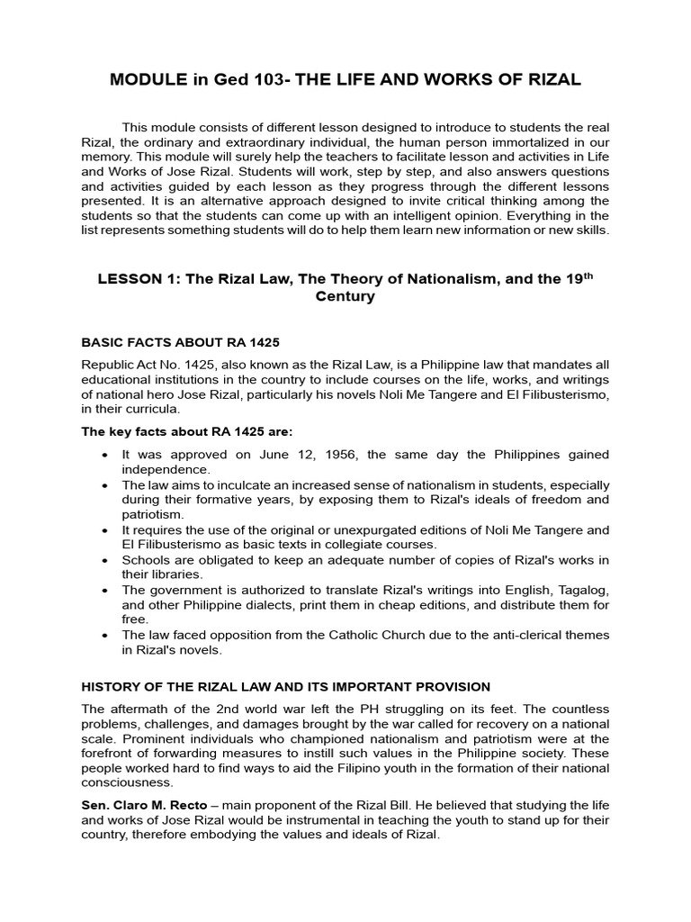 MODULE in Ged 103- THE LIFE AND WORKS OF RIZAL | PDF | Philippines