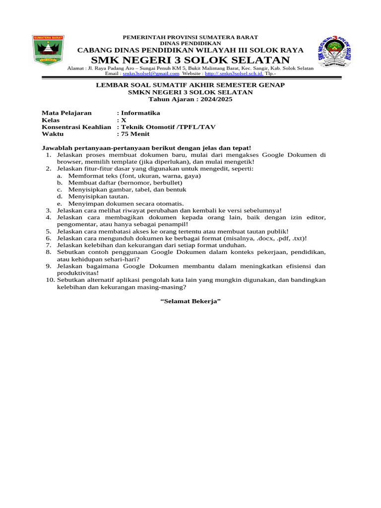 Soal Akhir Semester 2 Informatika Kls X | PDF