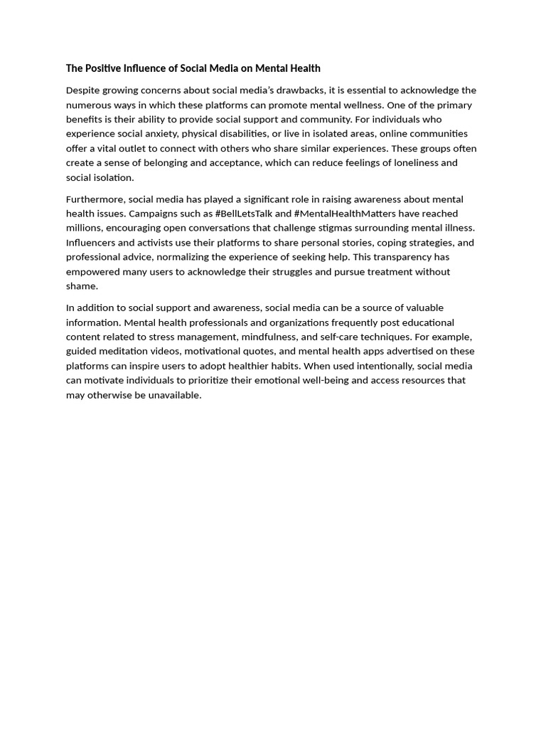 The Positive Influence of Social Media On Mental Health | PDF