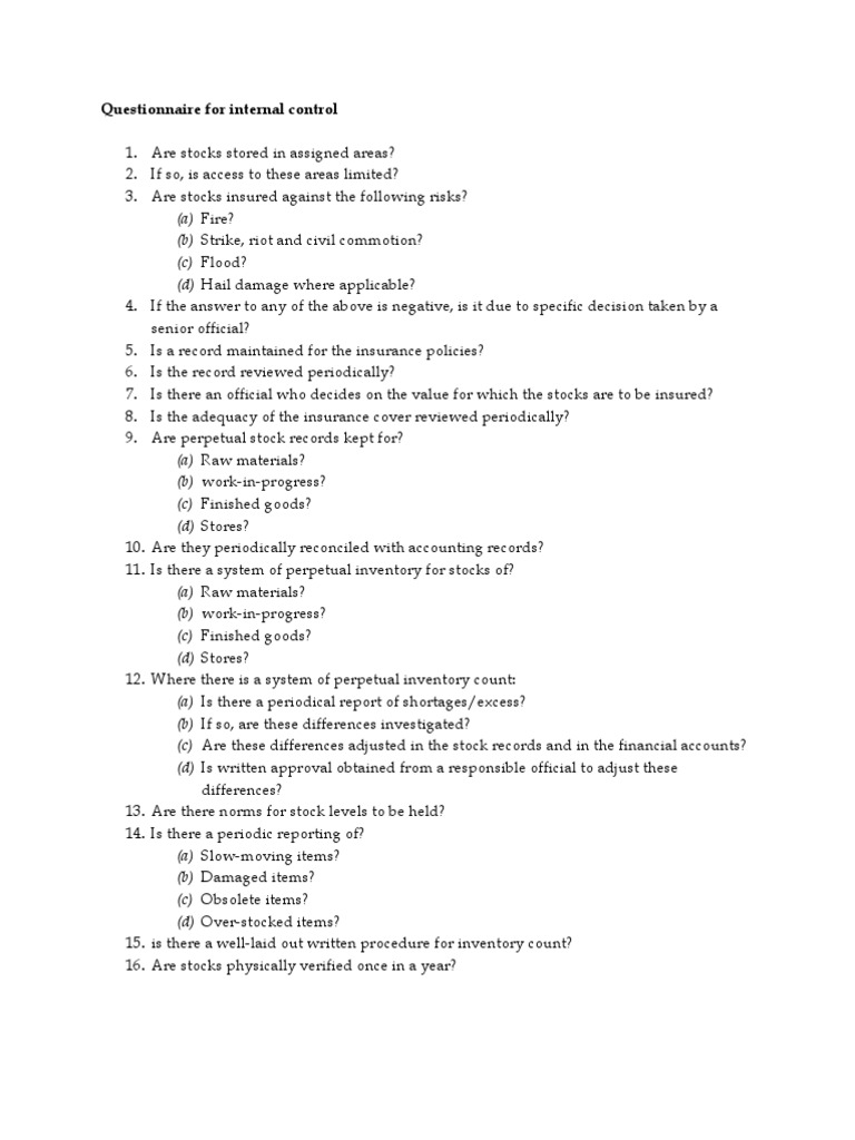 Stock -Questionnaire for Internal Control | Inventory | Insurance