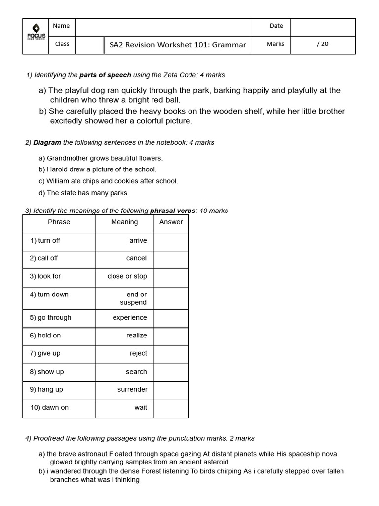 DS 2024-25 SA2 Revision Worksheet 101 Grammar | PDF