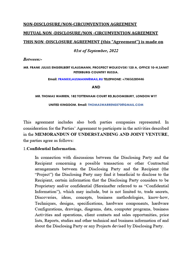 Frank Klausmann (NDA-NON DISCLOSURE AGREEMENT) Signet | PDF | Confidentiality | Non Disclosure ...