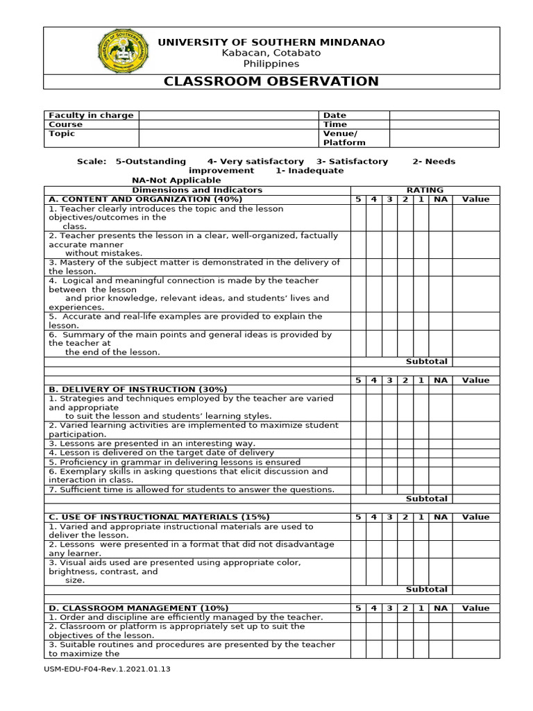 Classroom Observation Evaluation Form | PDF | Teachers | Learning