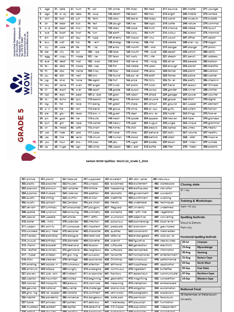 WOW Spelfees Word List 2024 | PDF