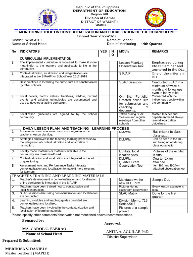 Monitoring Tool On Contextualization and | PDF | Teachers | Curriculum