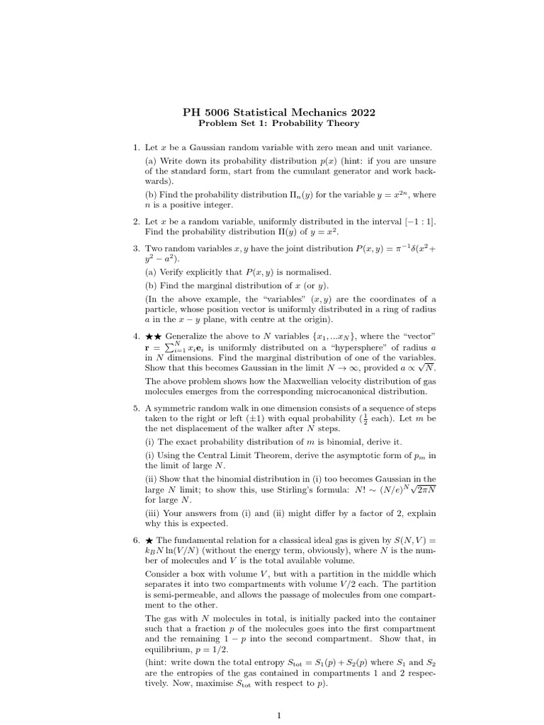 PH 5006 Statistical Mechanics 2022 Problem Set 1: Probability Theory ...