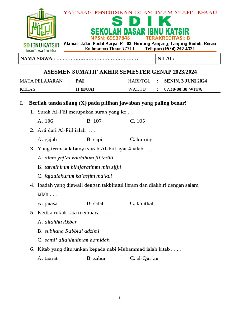 SOAL PAS PAI KELAS 2 | PDF