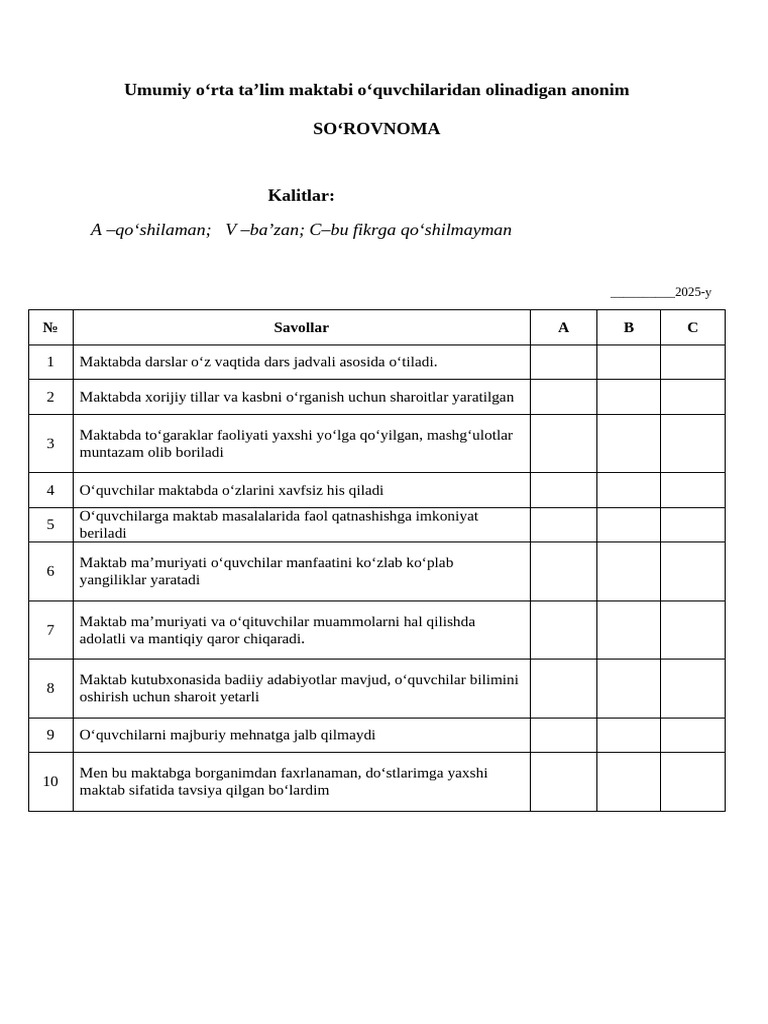 O'quvchi So'rovnoma | PDF