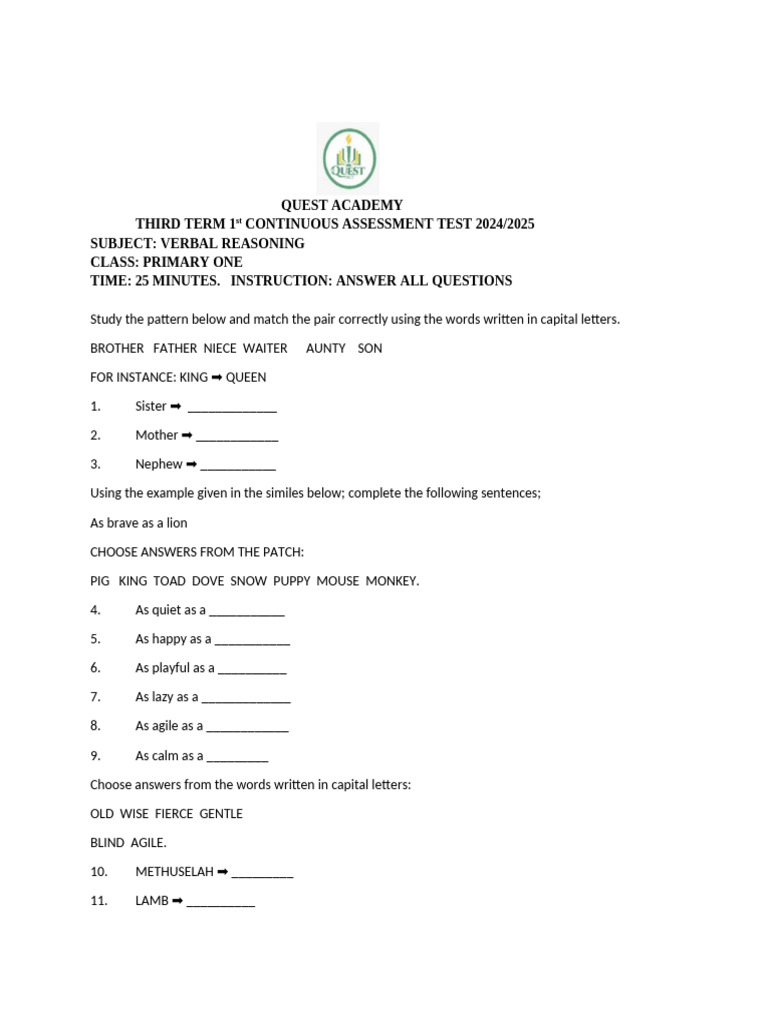 Verbal Reasoning Primary One To Five | PDF | Linguistics