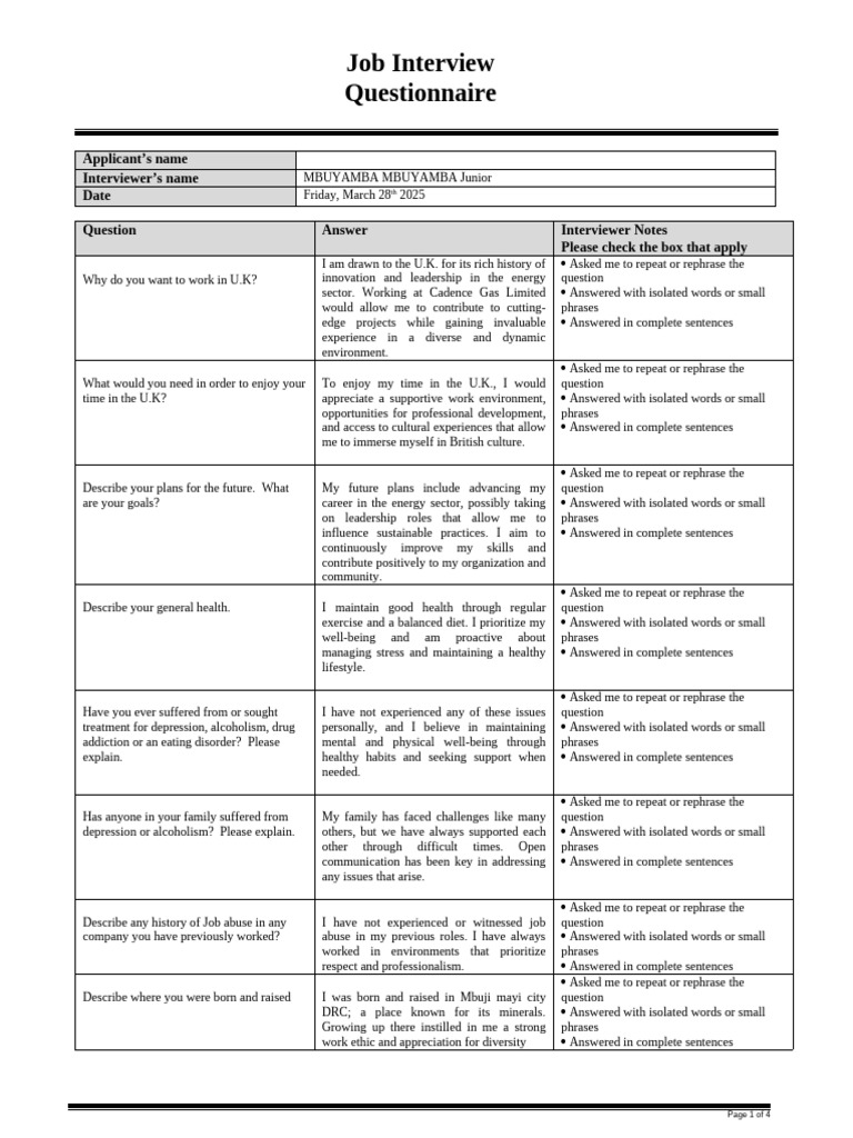 Job Interview Questionnaire | PDF | English Language | Vocabulary