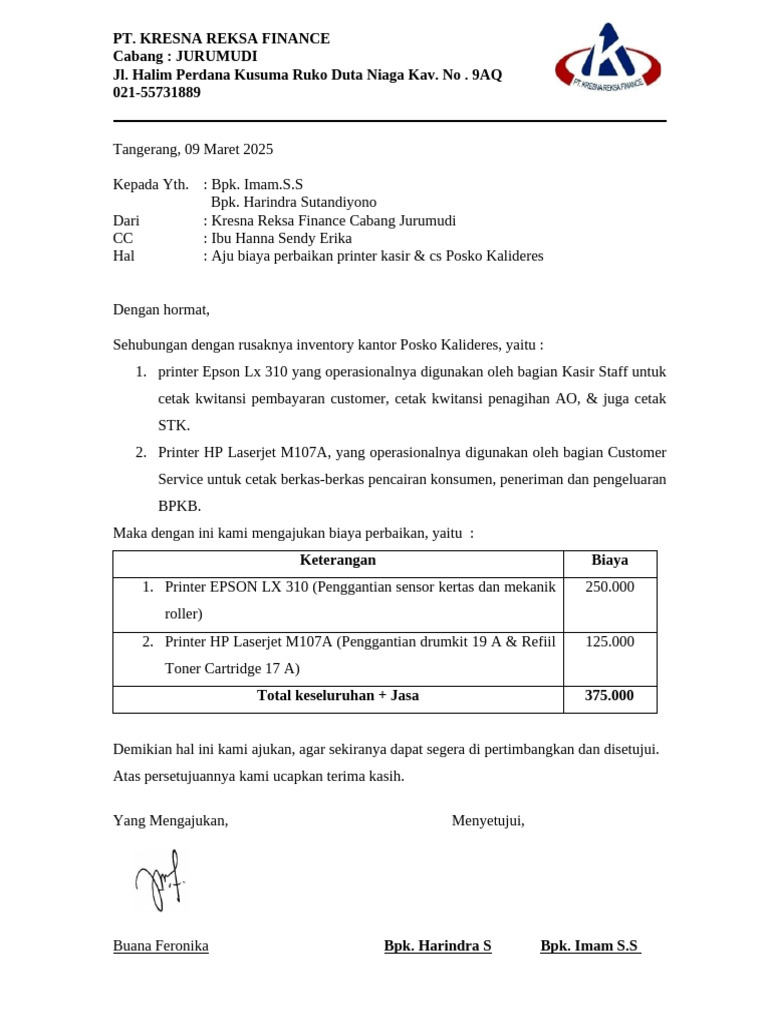 JRMD - 09032025 - Aju Perbaikan Printer Kasir & CS Posko Kalideres | PDF