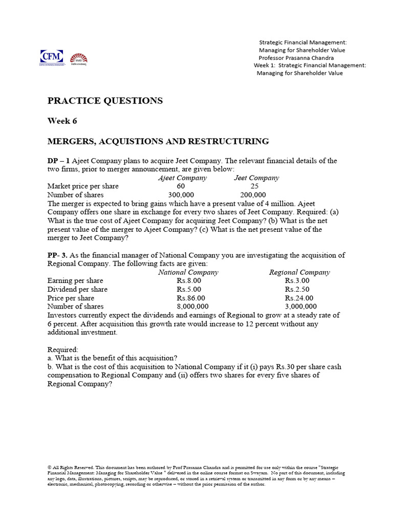 PRACTICE QUESTIONS - Week 6 IIMBSFM6 | PDF | Mergers And Acquisitions | Dividend