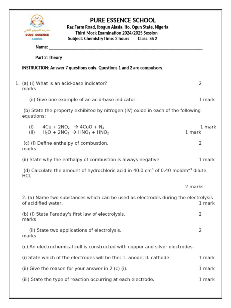 PES SS 2 Chemistry Mock 3 2024-2025 | PDF | Electrode | Acid