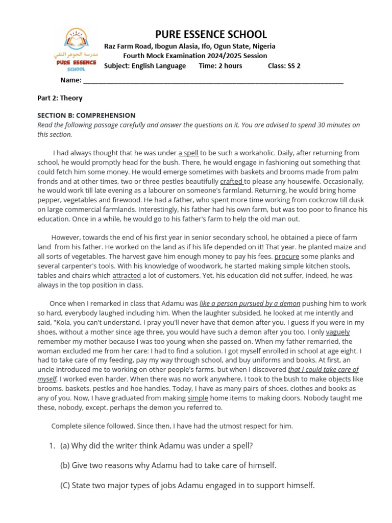 PES SS 2 English Language Theory Mock 4 2024-2025 (New) | PDF